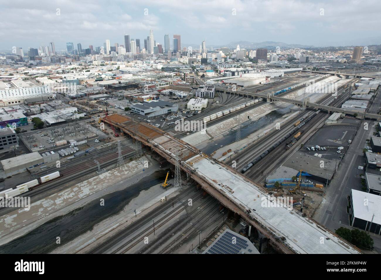 An aerial view of construction of the Sixth Street Viaduct bridge ...