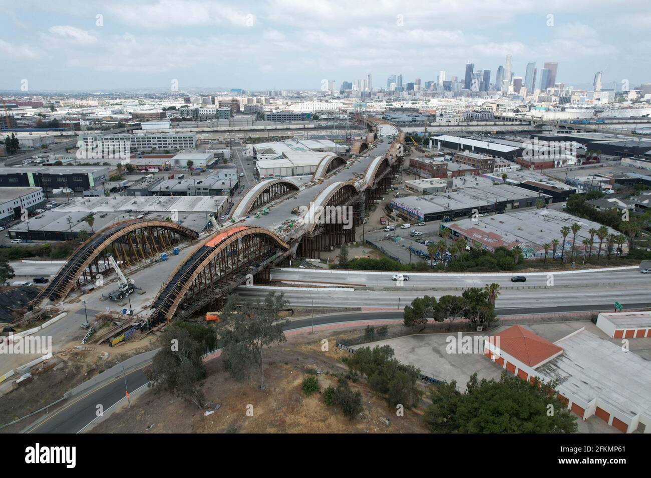 An aerial view of construction of the Sixth Street Viaduct bridge ...
