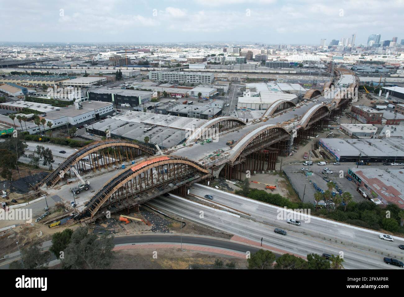 An aerial view of construction of the Sixth Street Viaduct bridge ...