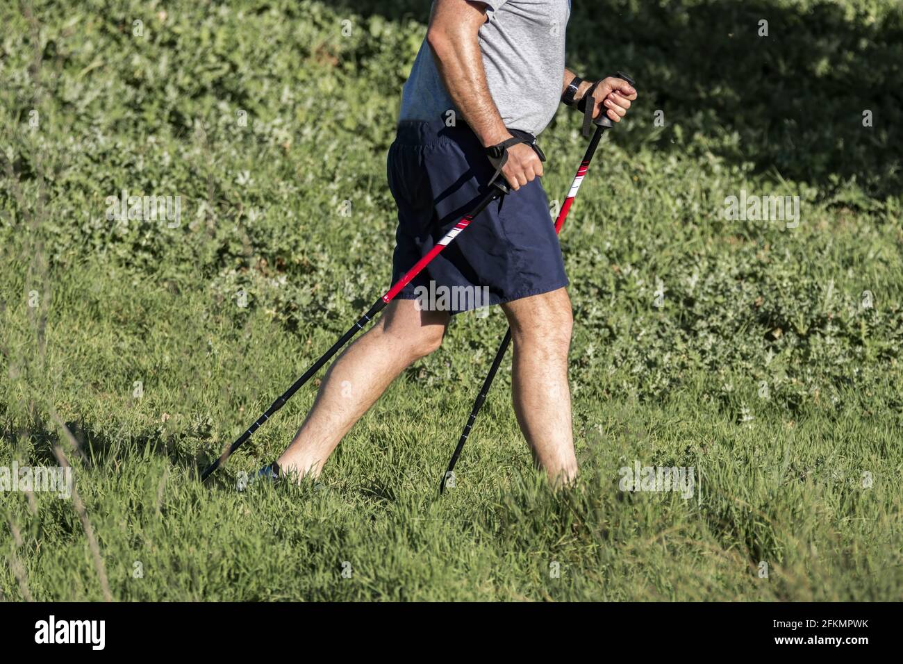 Side view of a man walking on the greenfield with the use of acane ...