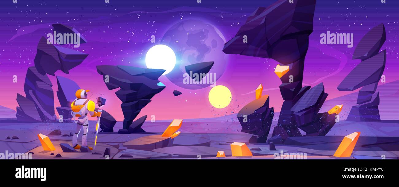 Astronaut on alien planet in far galaxy. Cosmonaut in suit and helmet ...