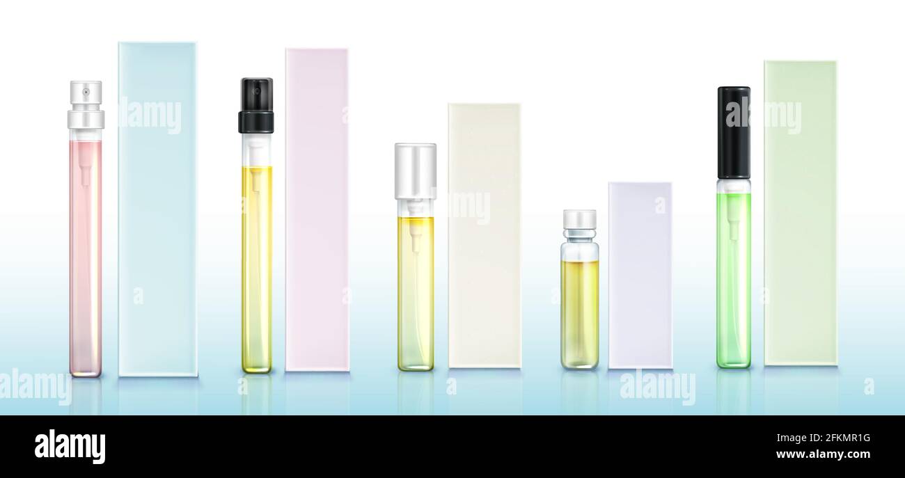 Perfume sample bottles and boxes mockup set, fragrance in small vials ...
