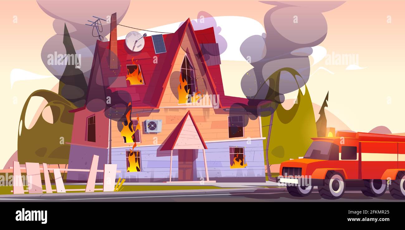 Cartoon Of Burning House With A Fire Truck Fire In City House And Fire