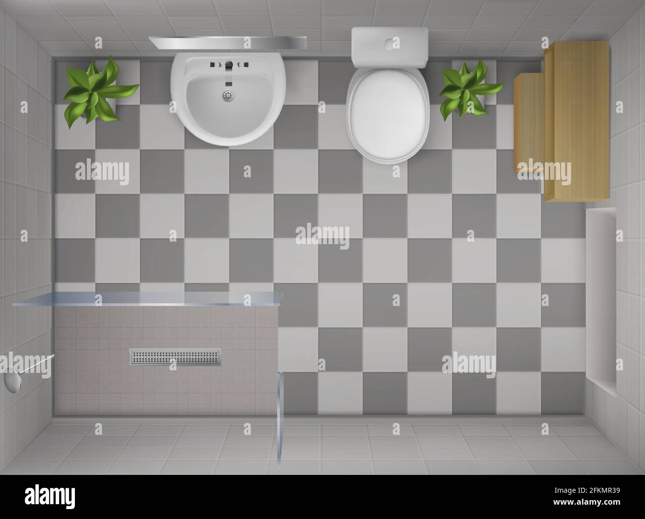Bathroom interior top view, room with shower with glass wall, toilet ...