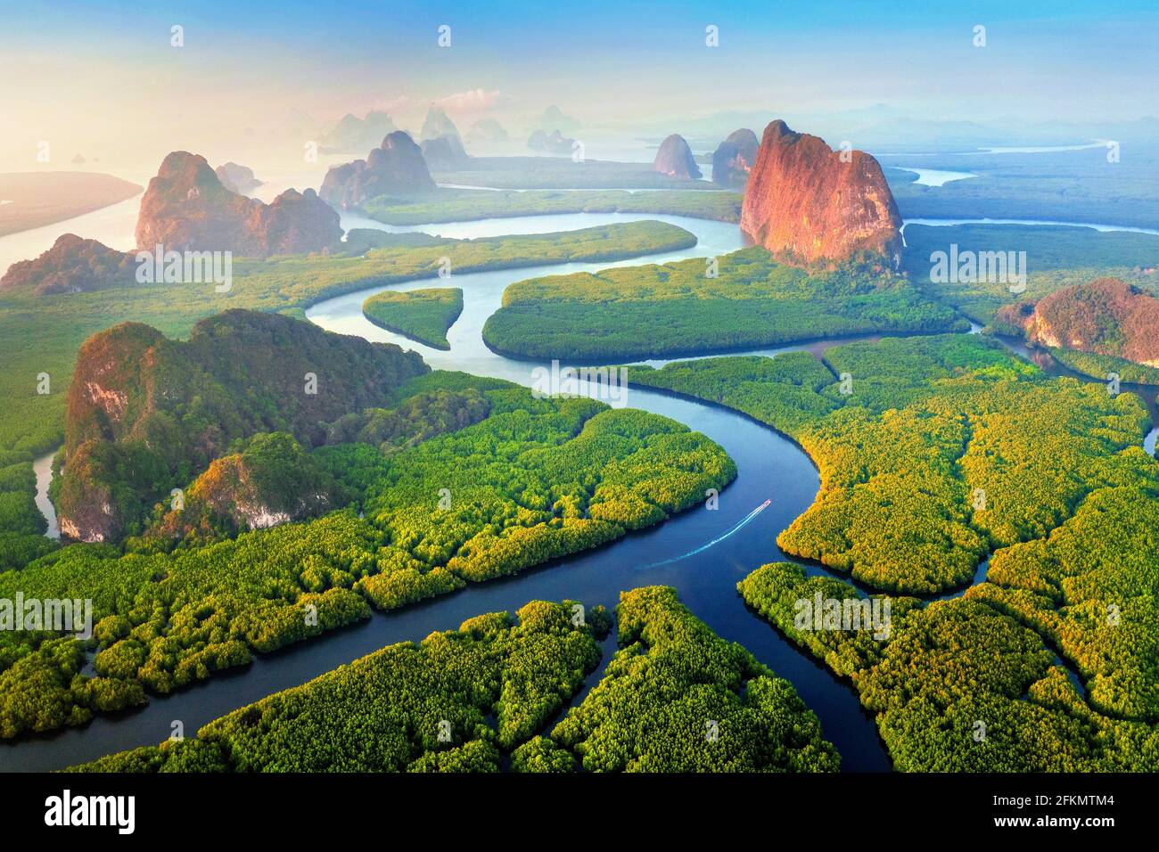 Aerial view of Phang Nga bay with mountains at sunrise in Thailand ...