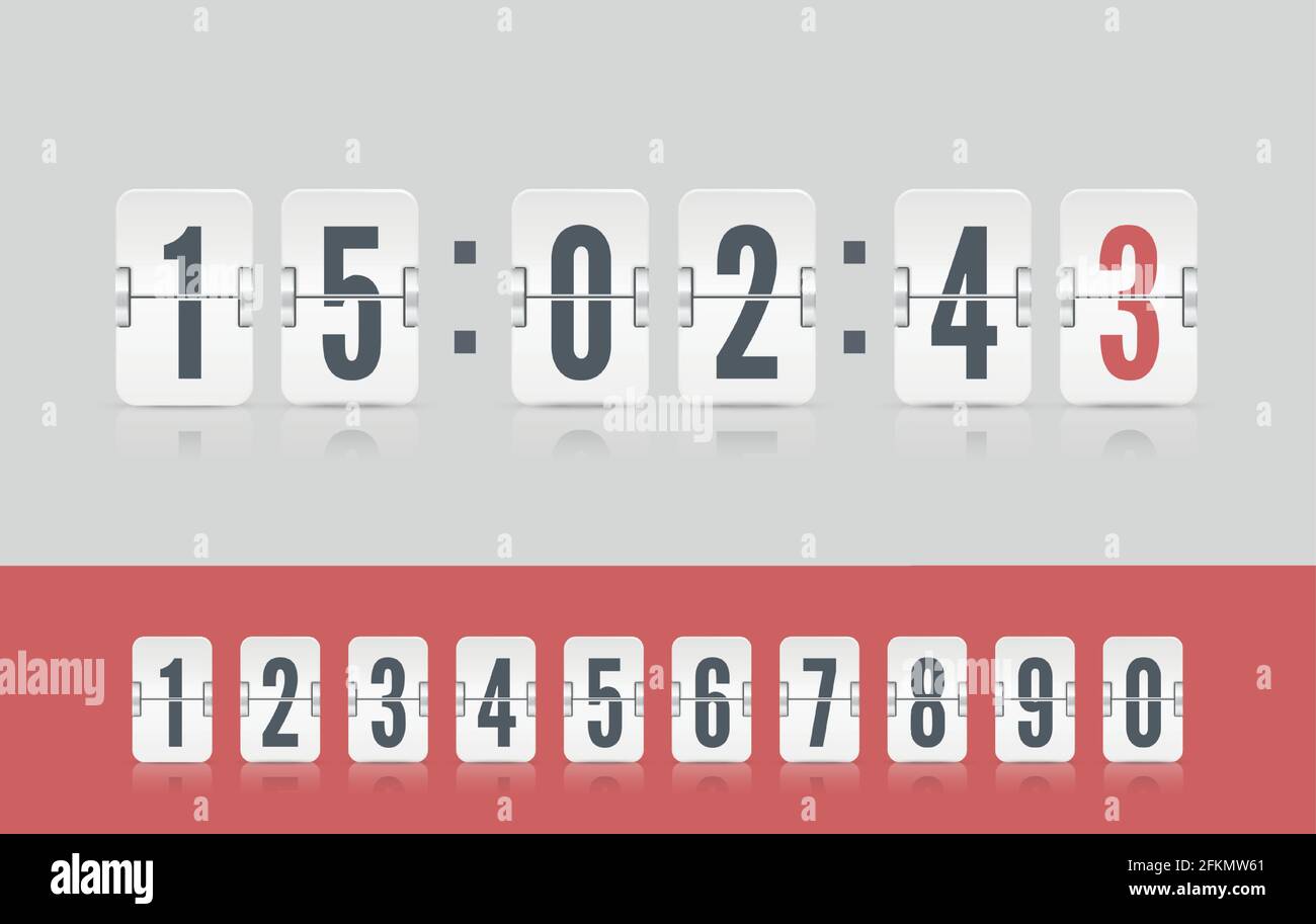 White scoreboard number font. Vector modern ui design old countdown timer with numbers. Coming ...