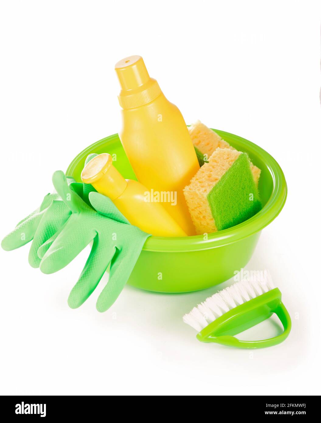 Cleaning items. Cleaning equipment rags, detergents, gloves, brushes ...
