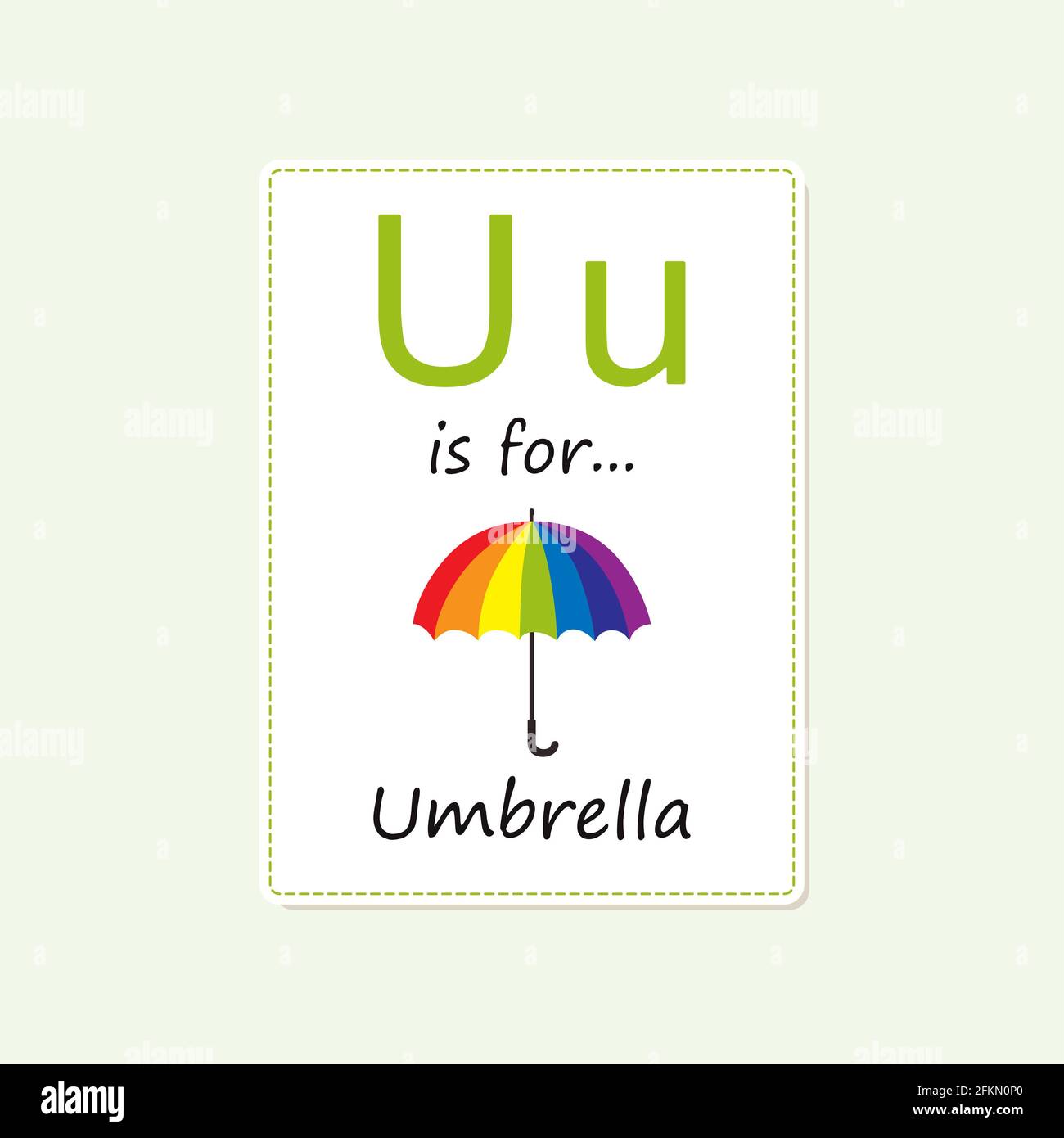 Alphabet flash card with rainbow colored umbrella. Cartoon flat style ...