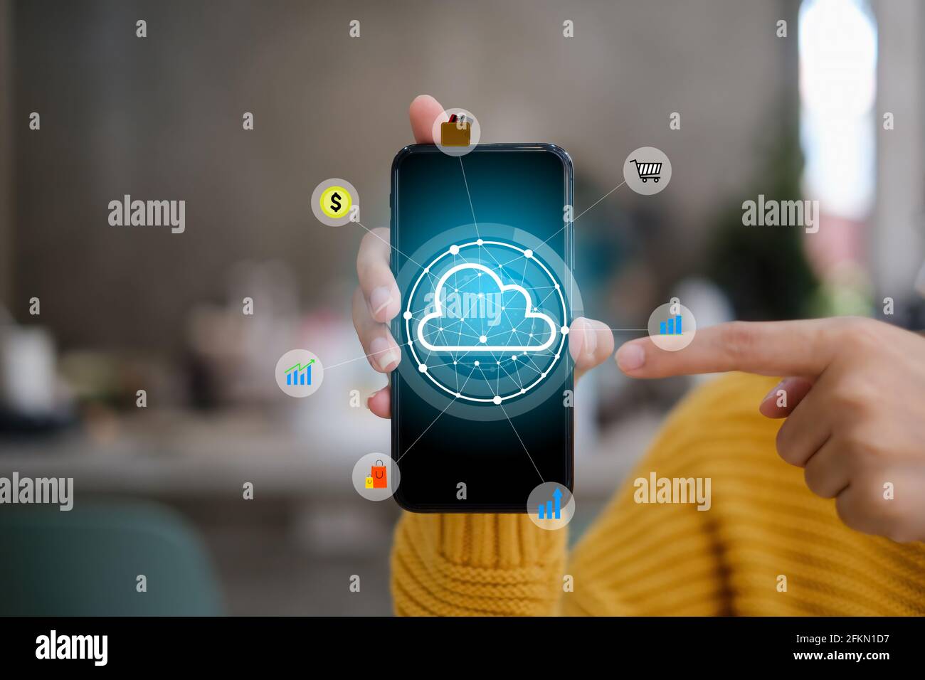 Female using smartphone with icon graphic cloud cyber security network ...