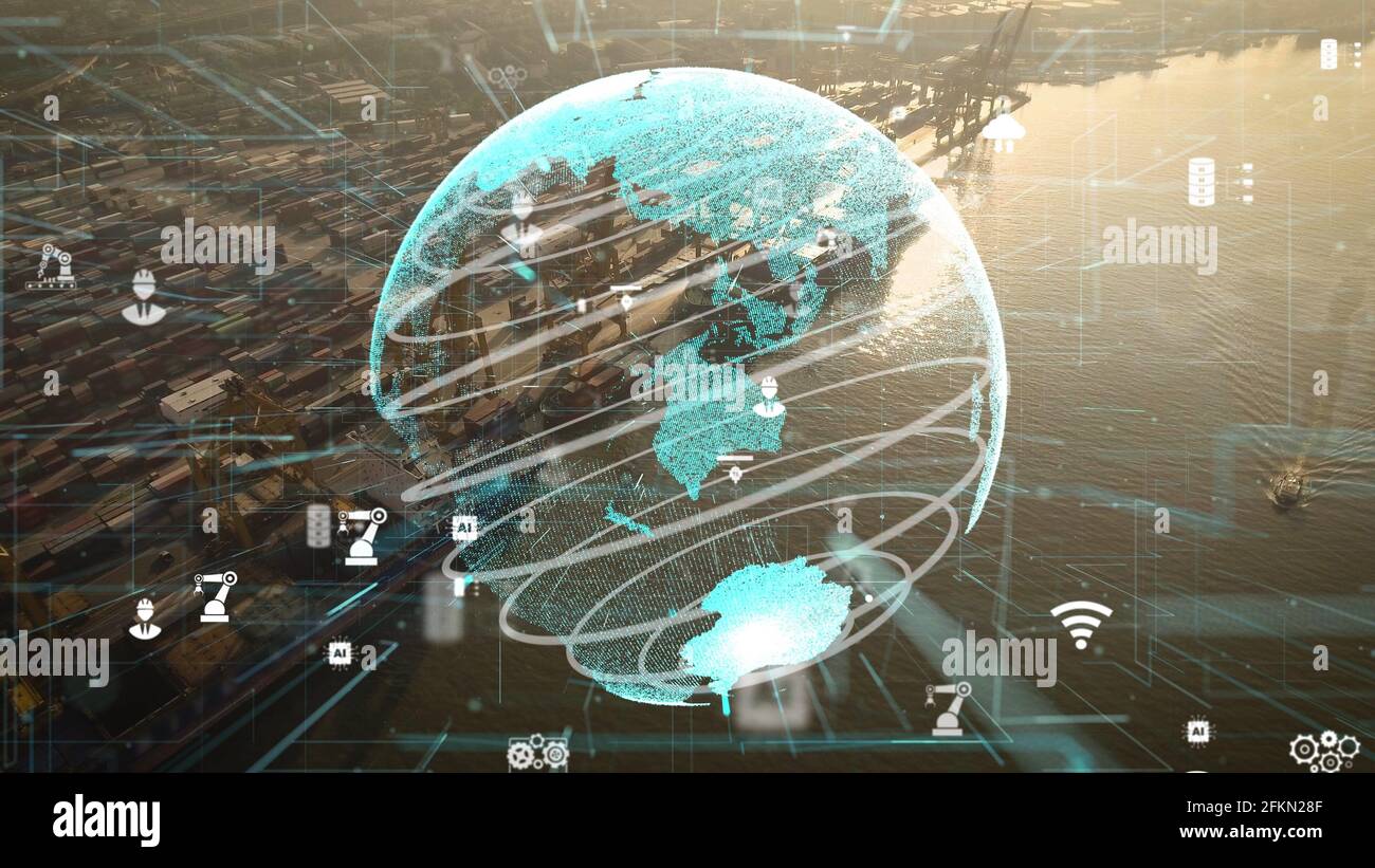 Shipping harbor aerial view with graphic of network technology ...