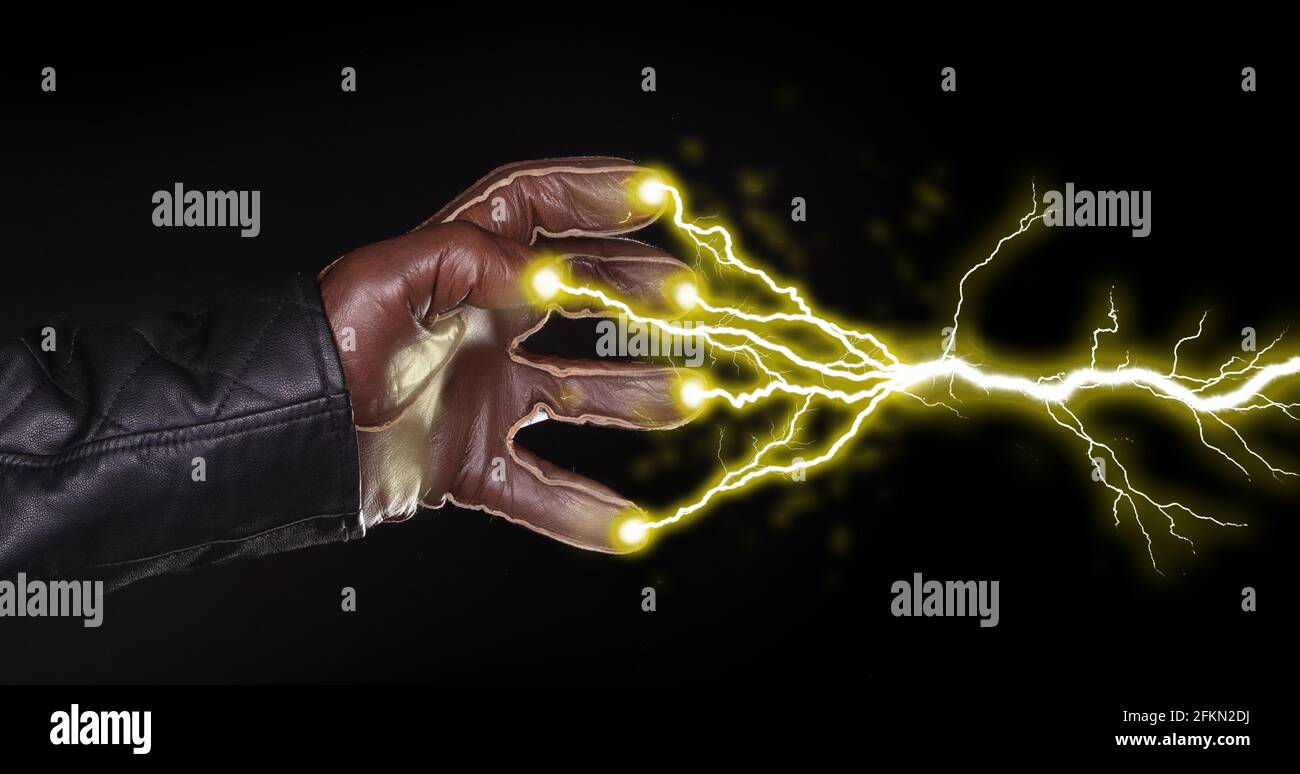 Hand shooting out a bolt of lightning - Dark and mysterious, isolated ...