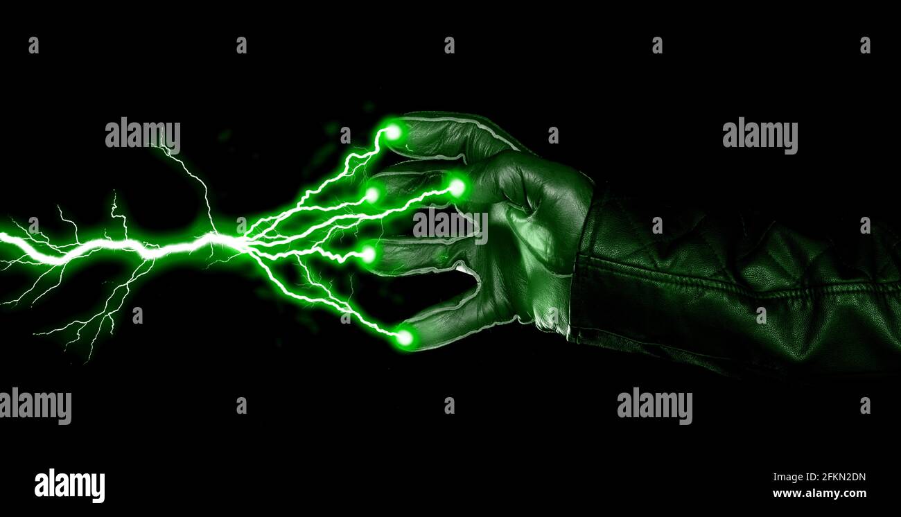 Hand shooting out a bolt of lightning - Dark and mysterious, isolated ...