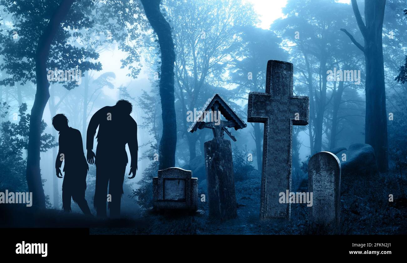 Horizontal banner with two zombies in scary landscape of foggy forest ...