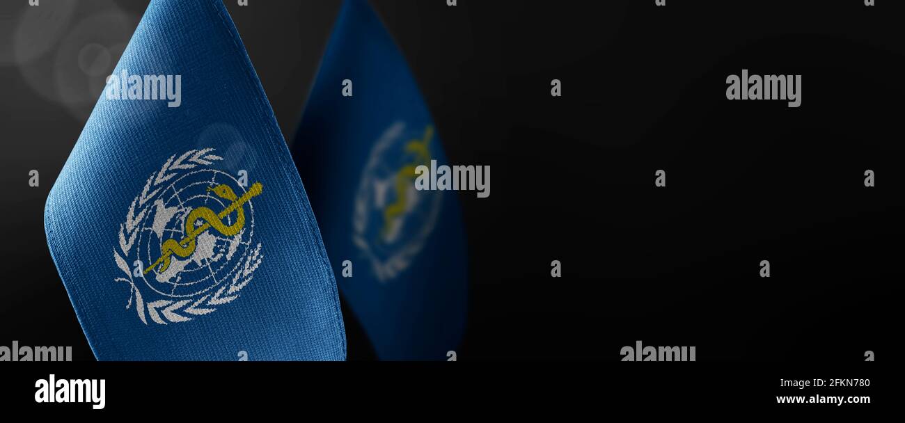 Small national flags of the World Health Organization WHO on a dark ...