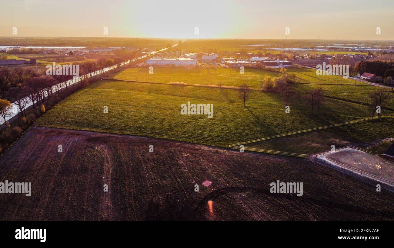 Aerial view with a drone of a spring wavy agricultural countryside ...