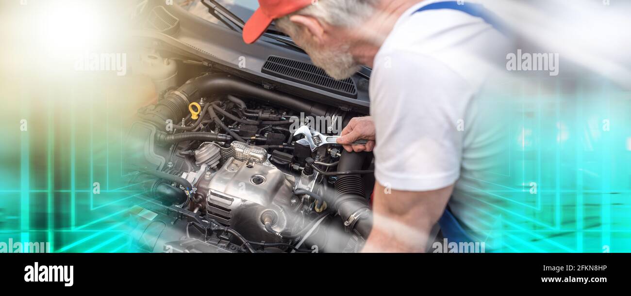 Car mechanic repairing a car engine; multiple exposure Stock Photo - Alamy