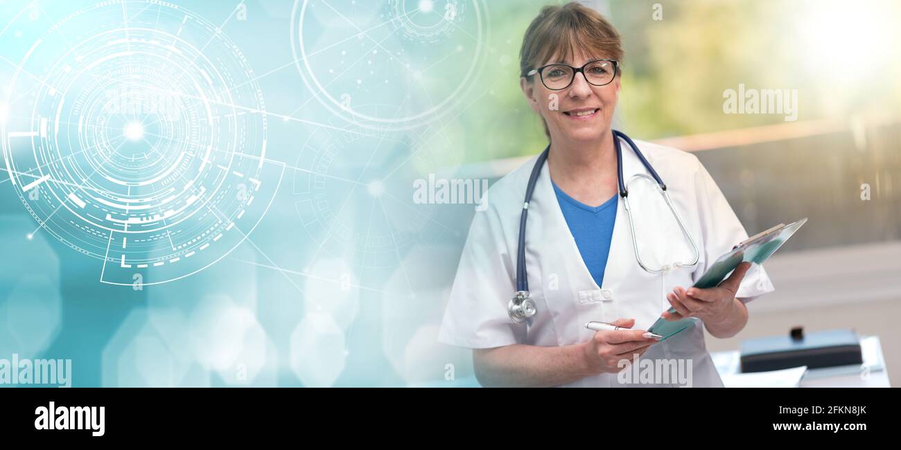 Portrait of female doctor smiling and holding a clipboard; light effect ...