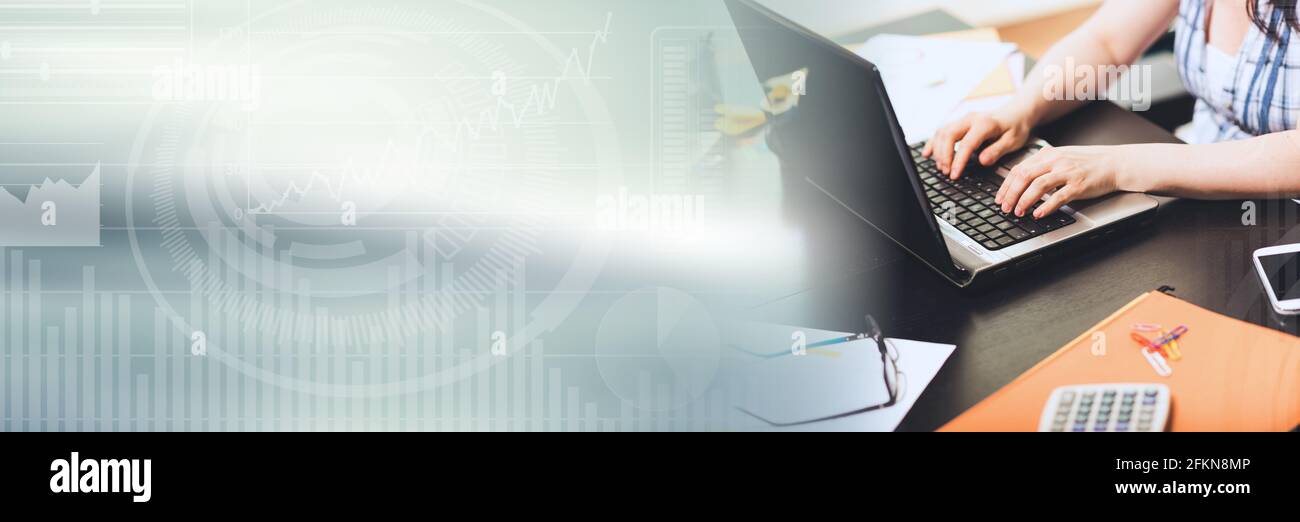 Female hands using a laptop in office; panoramic banner Stock Photo - Alamy