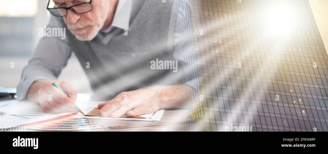 Architect working on a project and using a square; multiple exposure ...