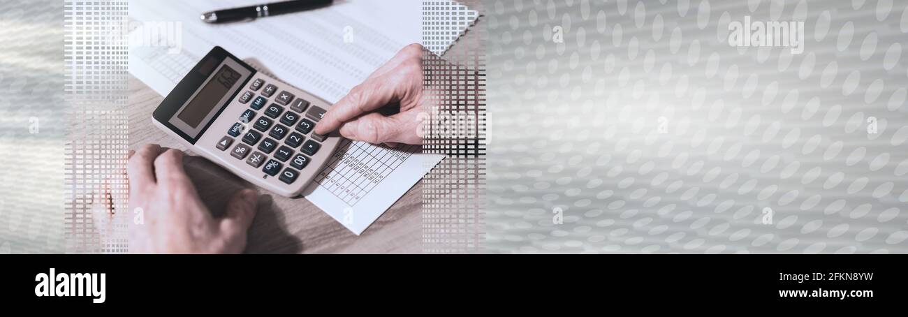 Male hand using calculator, accounting concept; panoramic banner Stock ...
