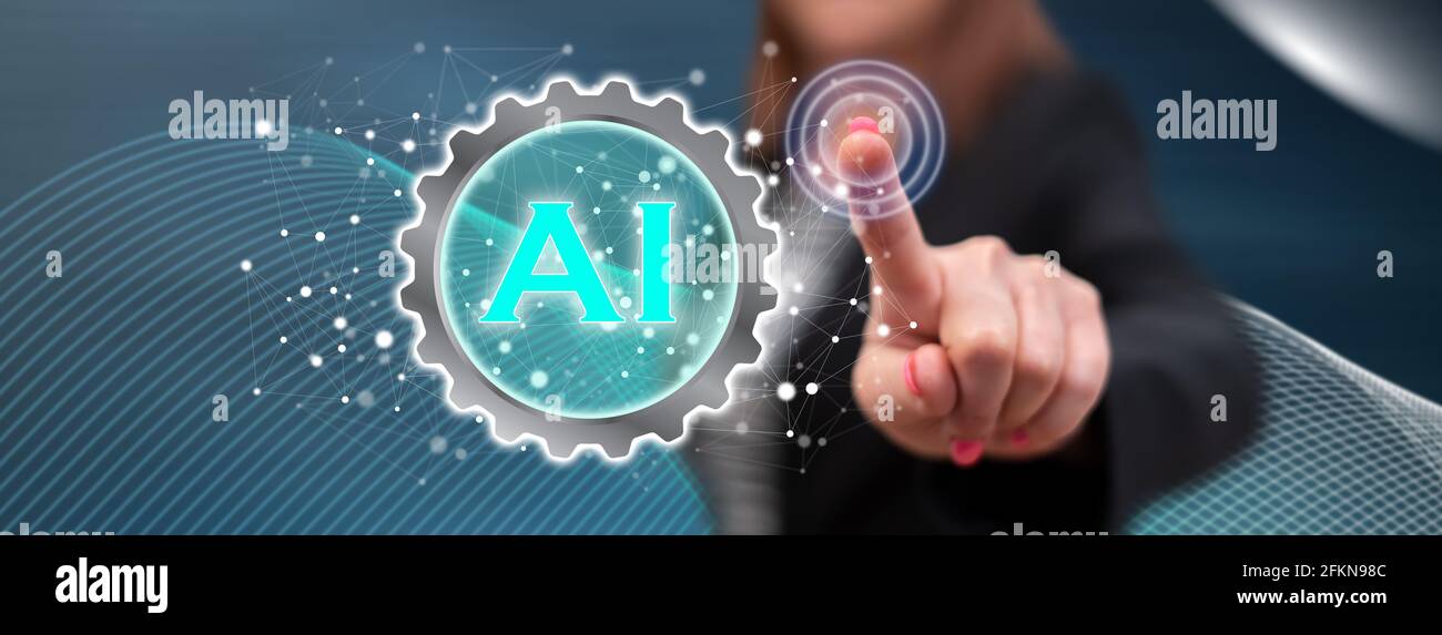 Woman touching an artificial intelligence concept on a touch screen ...