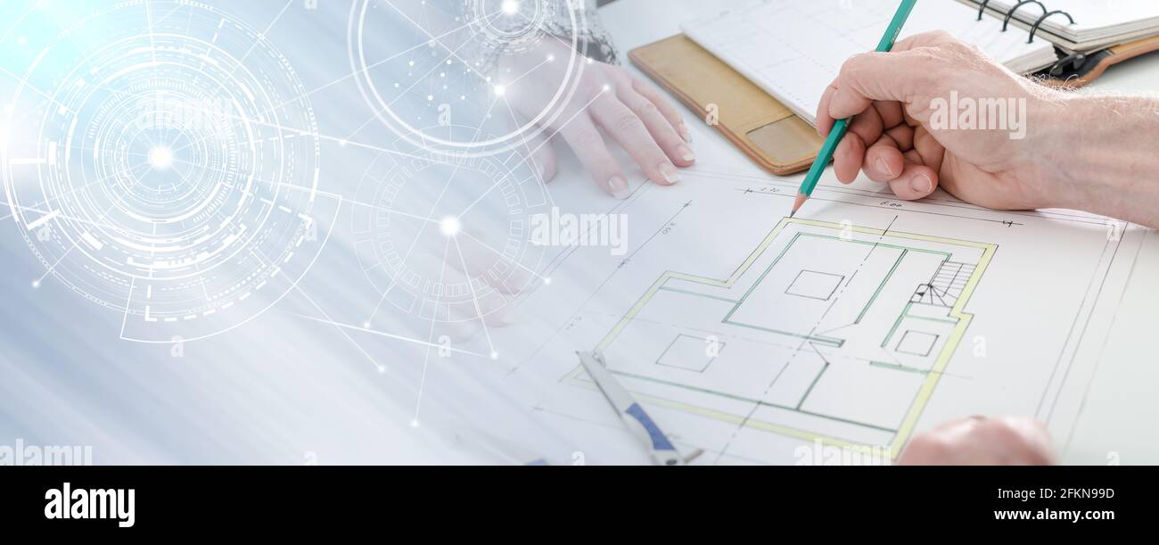 Architect showing house plans to his client; multiple exposure Stock ...