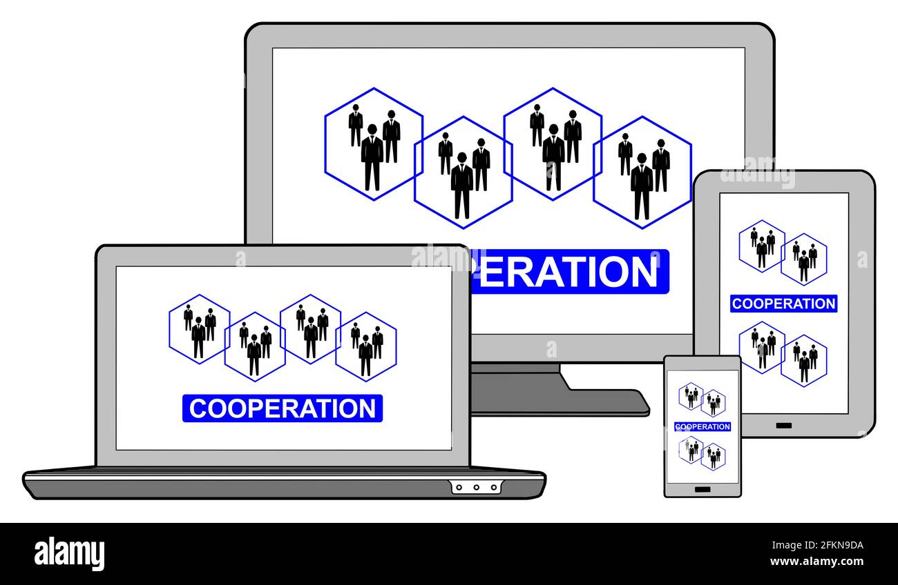 Cooperation concept shown on different information technology devices ...
