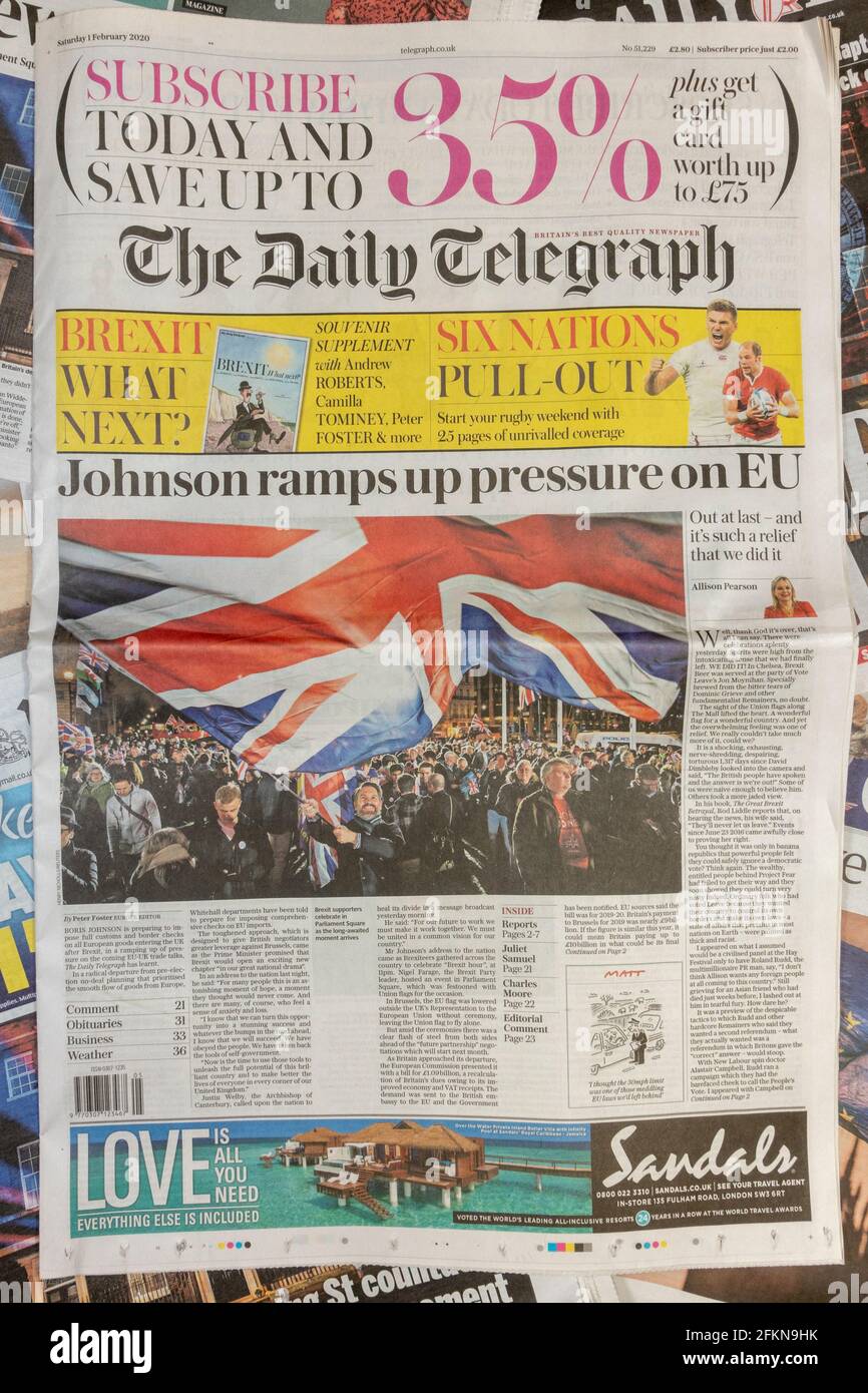 Front page of the Daily Telegraph on 1st February 2020 following the ...