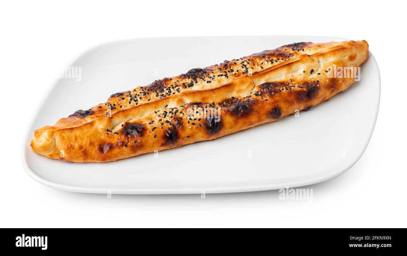 Turkish boat-shaped flatbread pide isolated on white Stock Photo - Alamy