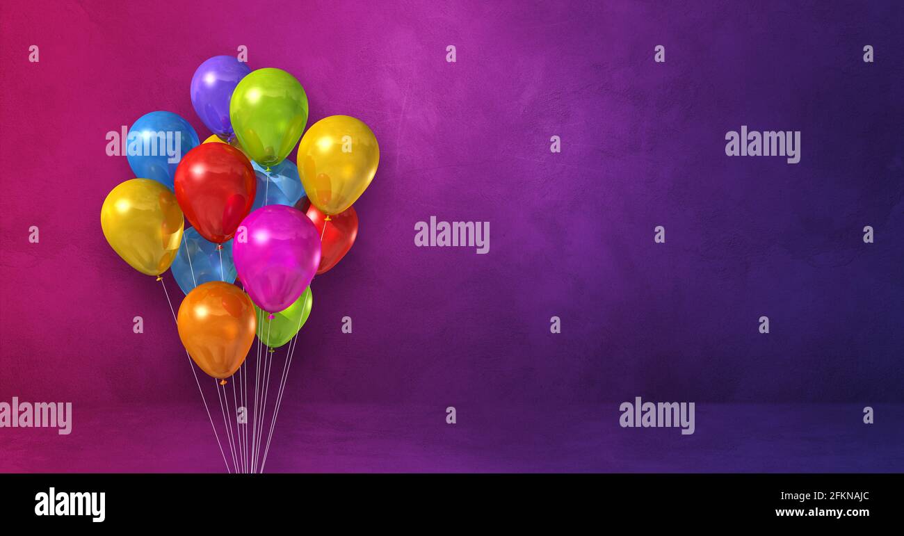 Colorful balloons bunch on a purple wall background. Horizontal banner ...