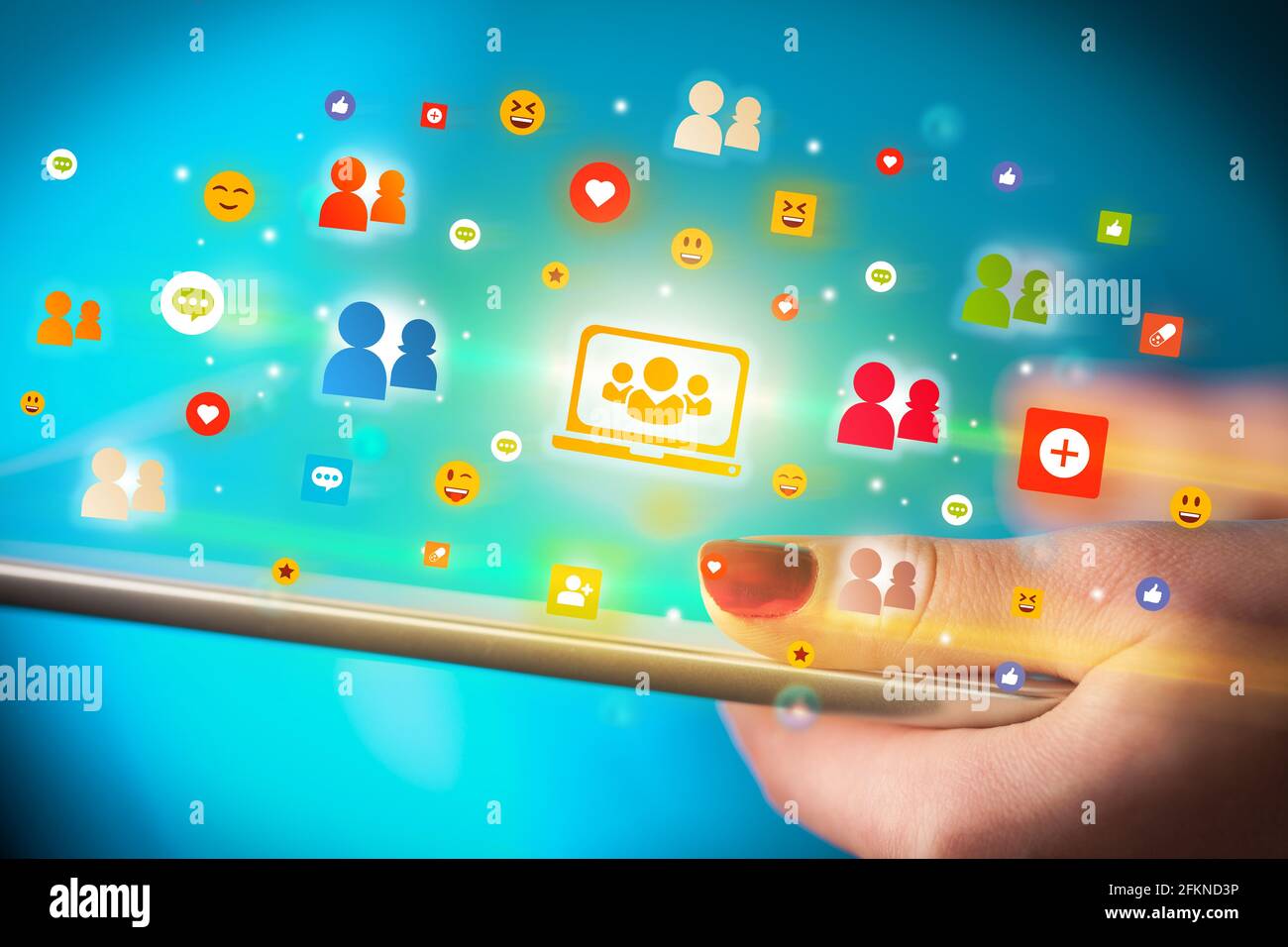 Close-up of a hand using tablet with social media icons Stock Photo - Alamy