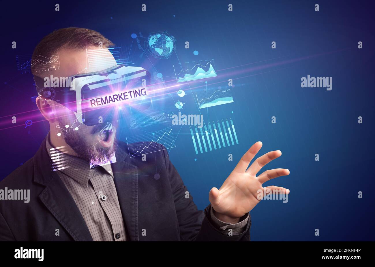 Businessman looking through Virtual Reality glasses Stock Photo - Alamy