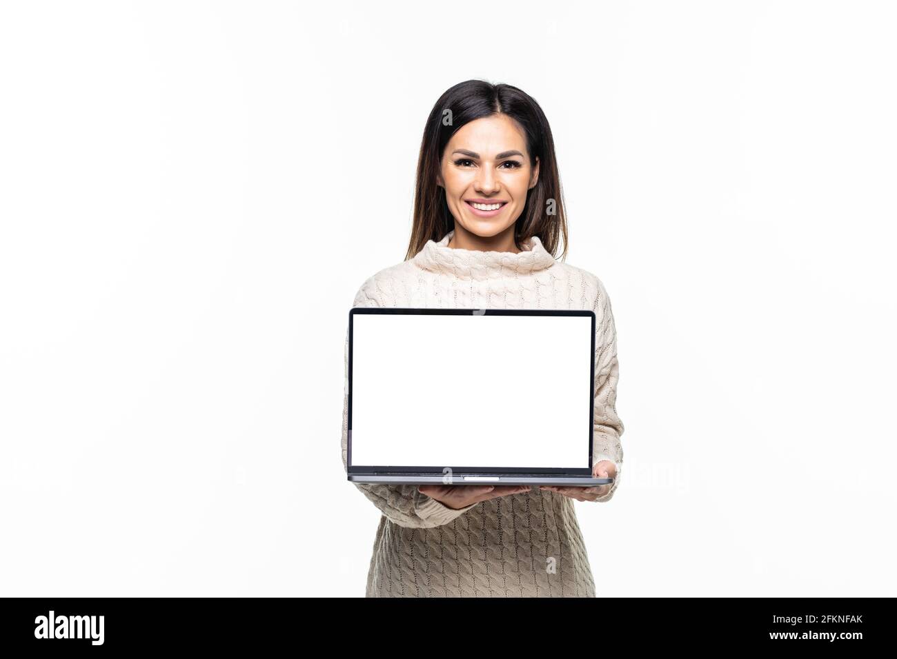 Beautiful woman smile at isolated white laptop screen over white ...