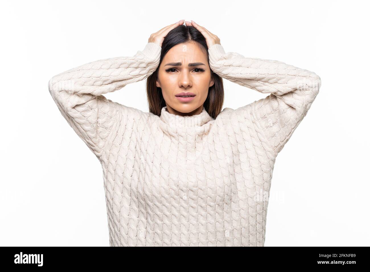 Young woman disappointed hands on head i on white background Stock ...