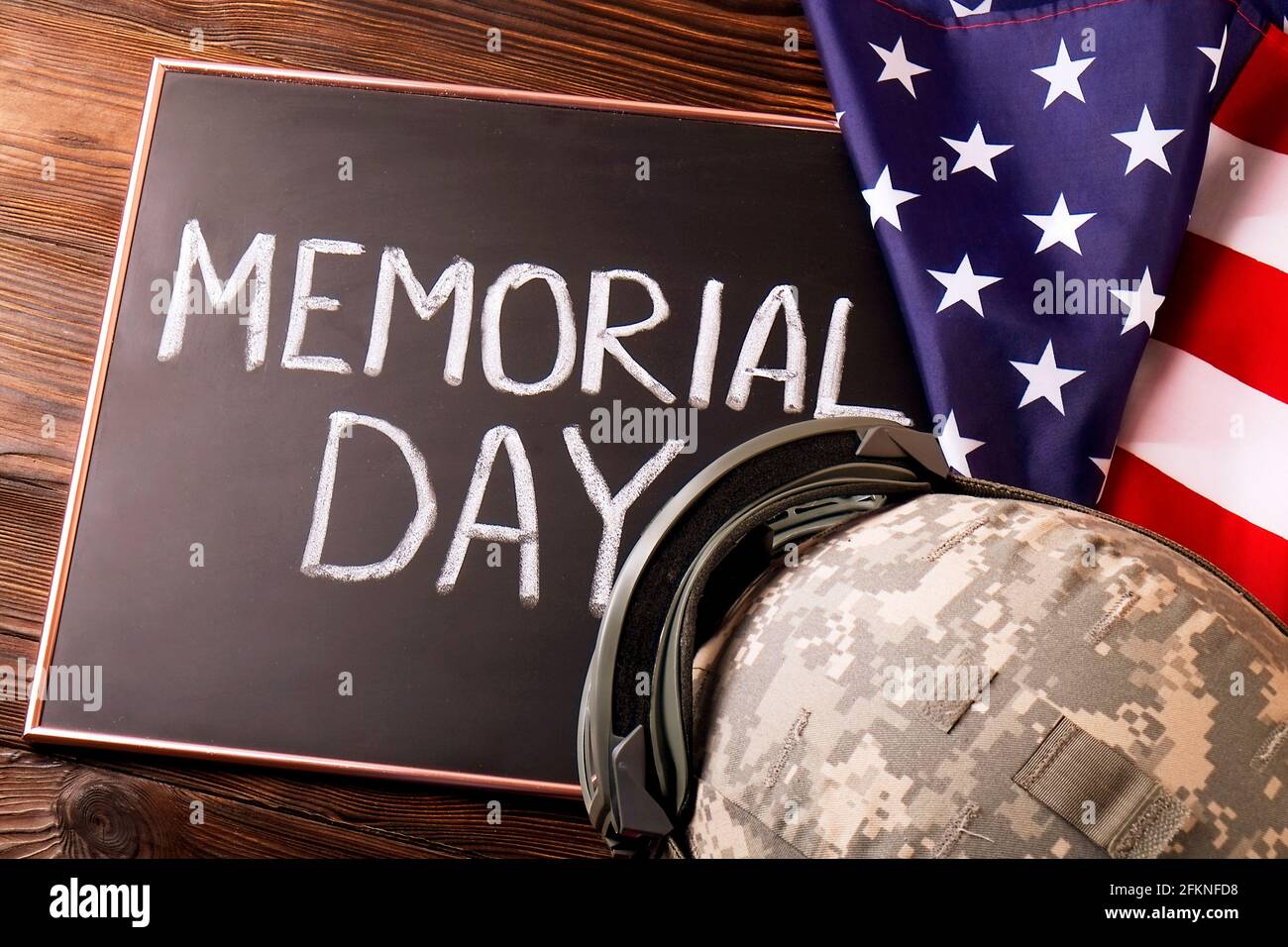 Memorial day weekend text on black chalkboard, USA flag background. US ...