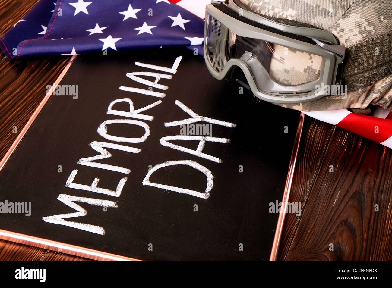 Memorial day weekend text on black chalkboard, USA flag background. US ...