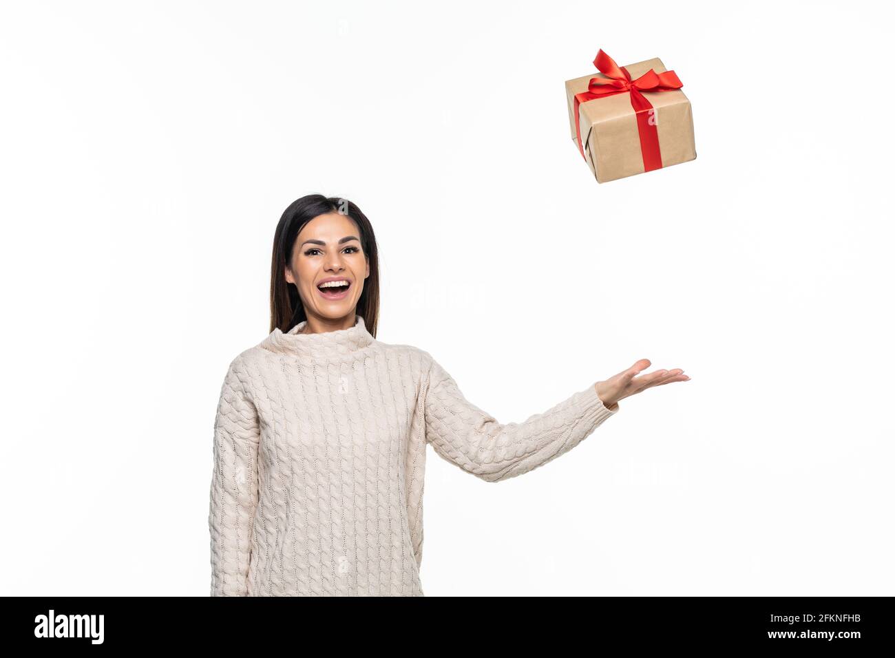 Beautiful woman with fly gift isolated on white background. Sales ...