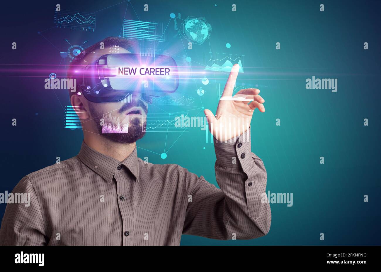 Businessman looking through Virtual Reality glasses Stock Photo - Alamy