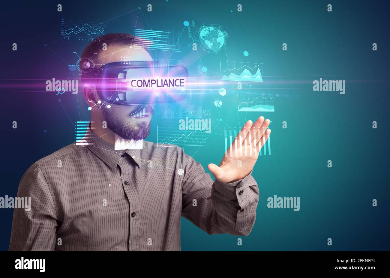 Businessman looking through Virtual Reality glasses Stock Photo - Alamy