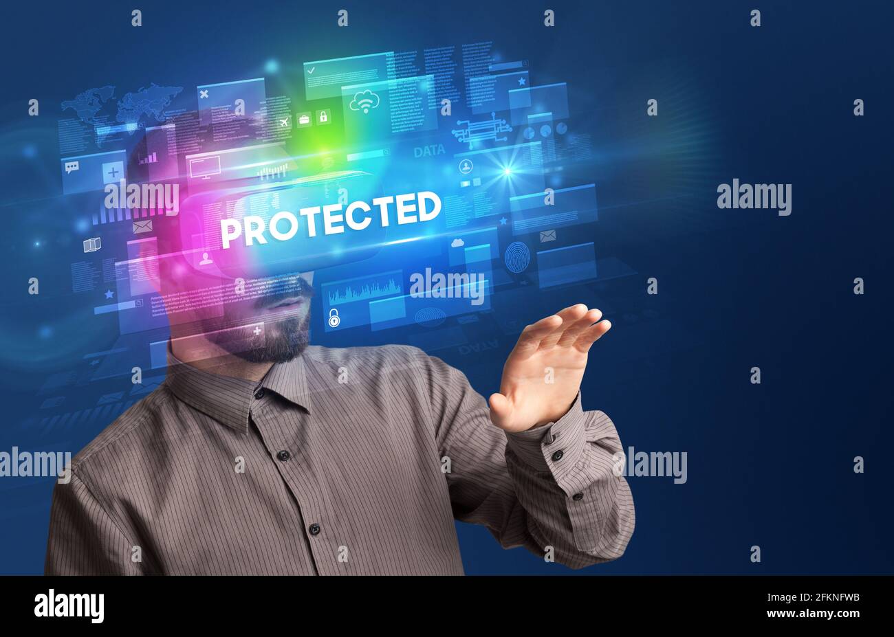 Businessman looking through Virtual Reality glasses Stock Photo - Alamy