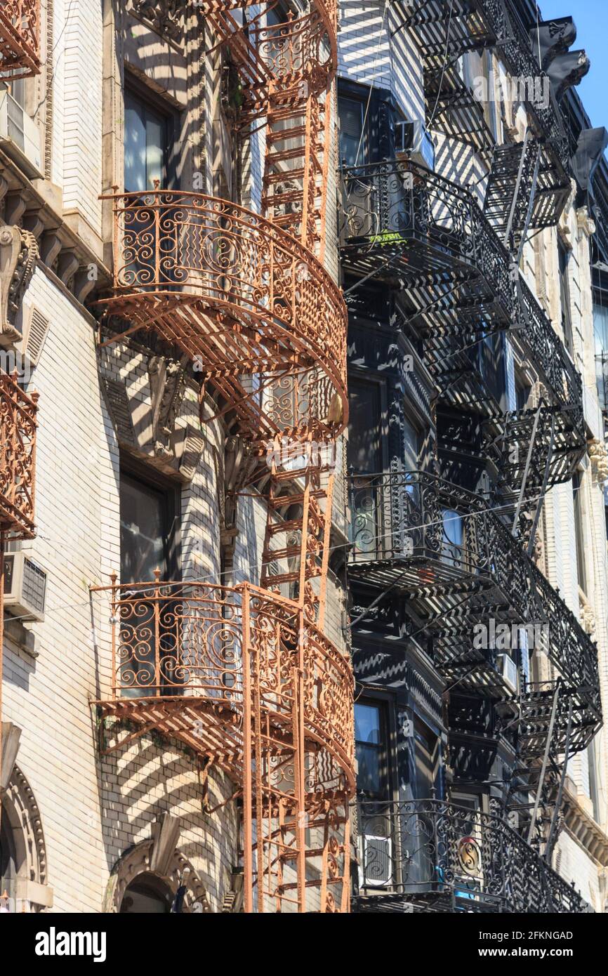 Typical wrought iron ornamental fire escapes in Soho, Manhattan, New ...