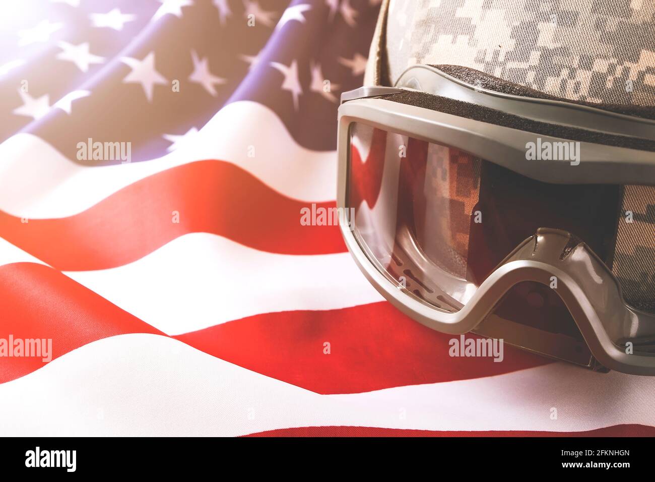 US Army kevlar combat helmet, camo cover, tactical goggles, USA flag ...