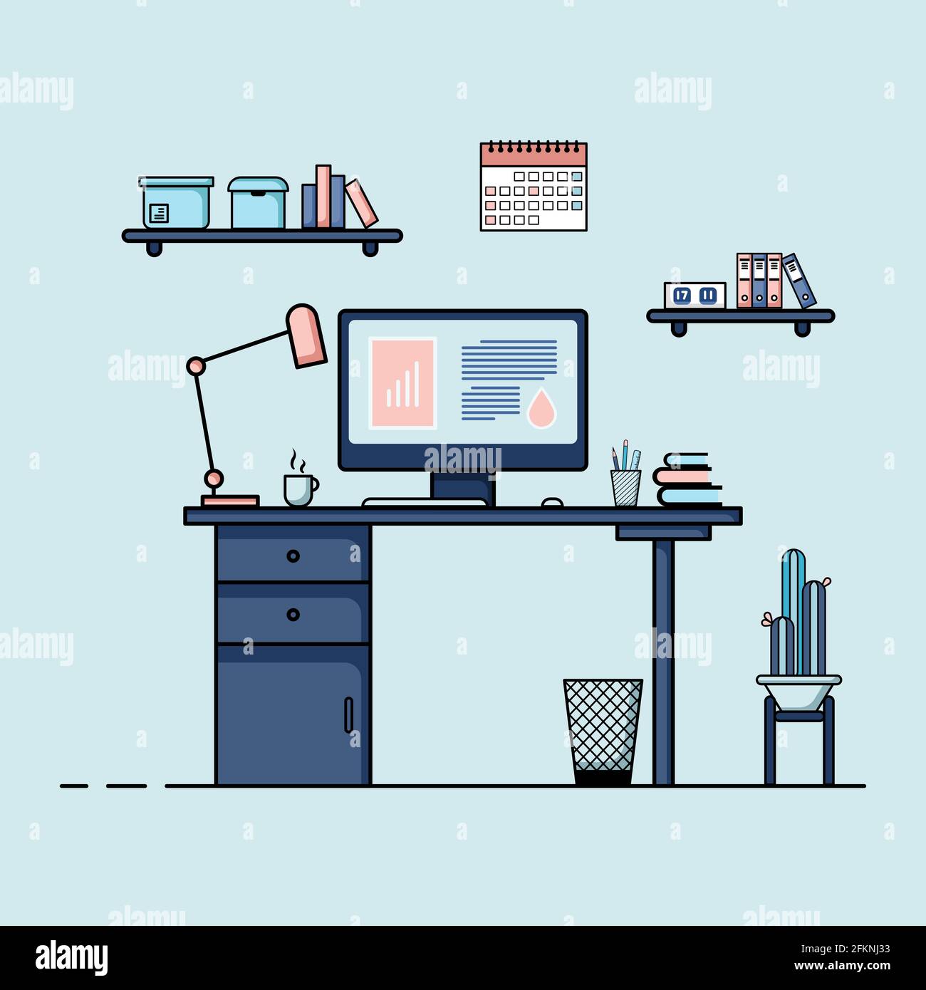 Working table flat design, Concept of working desk interior with ...