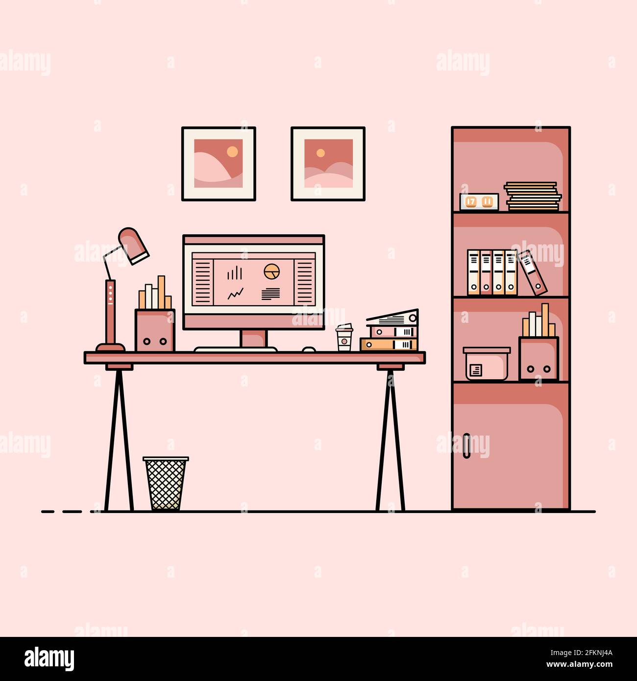 Working table flat design, Concept of working desk interior with ...