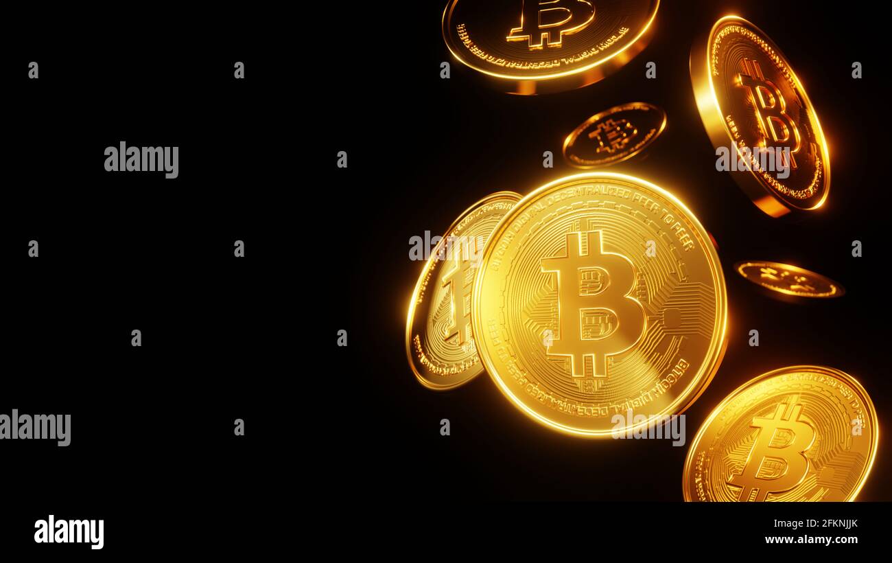 3D Render, Golden coins digital currency, Bitcoin, BTC, Cryptocurrency ...