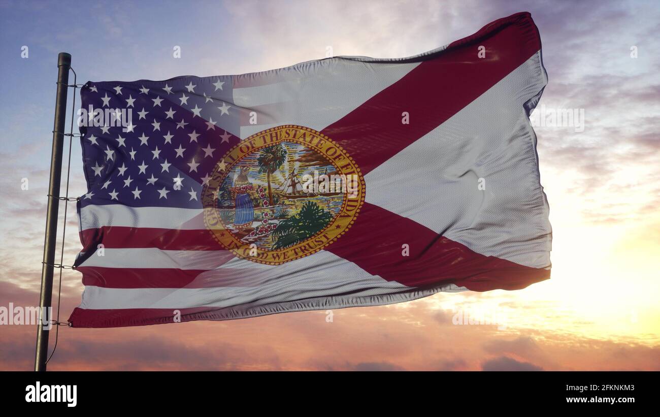 Florida and USA flag on flagpole. USA and Florida Mixed Flag waving in ...