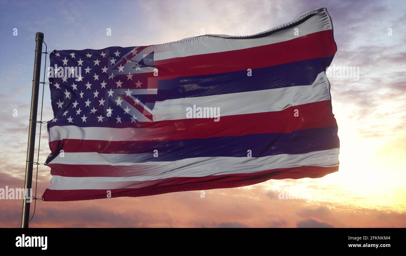 Hawaii and USA flag on flagpole. USA and Hawaii Mixed Flag waving in ...