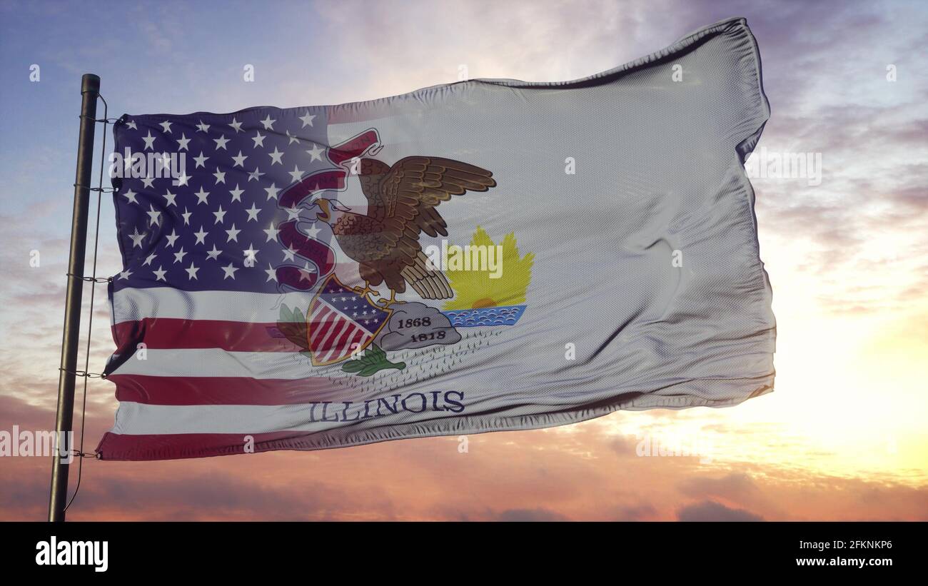 Illinois and USA flag on flagpole. USA and Illinois Mixed Flag waving ...