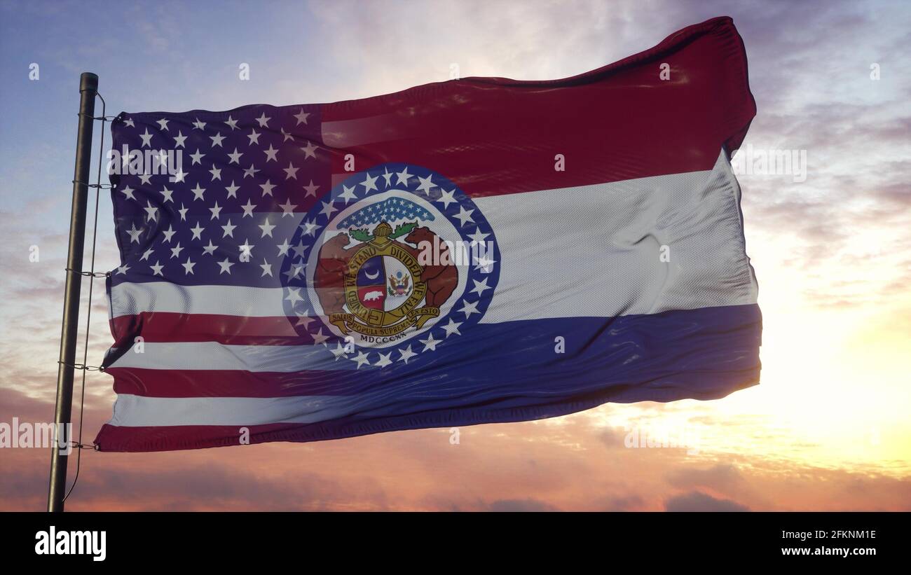 Missouri and USA flag on flagpole. USA and Missouri Mixed Flag waving ...