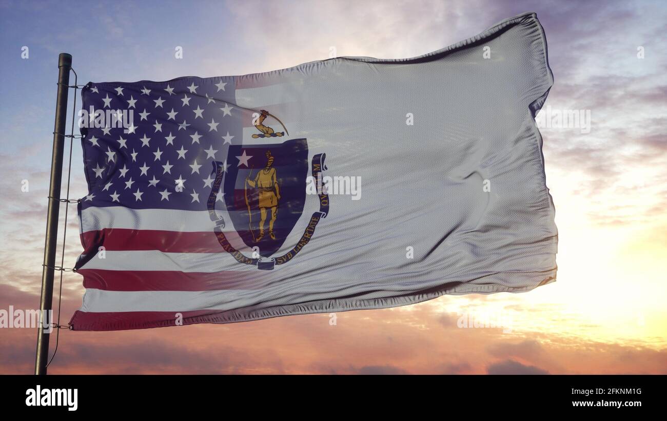 Massachusetts and USA flag on flagpole. USA and Massachusetts Mixed ...